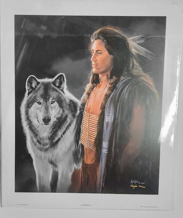 Native American Indian Man & Wolf Art Print Titled Distant Eyes by ...