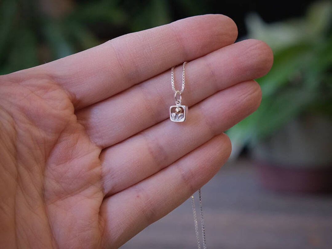 Dainty Silver Square Pendant With Solid Gold, Sterling Silver Square ...