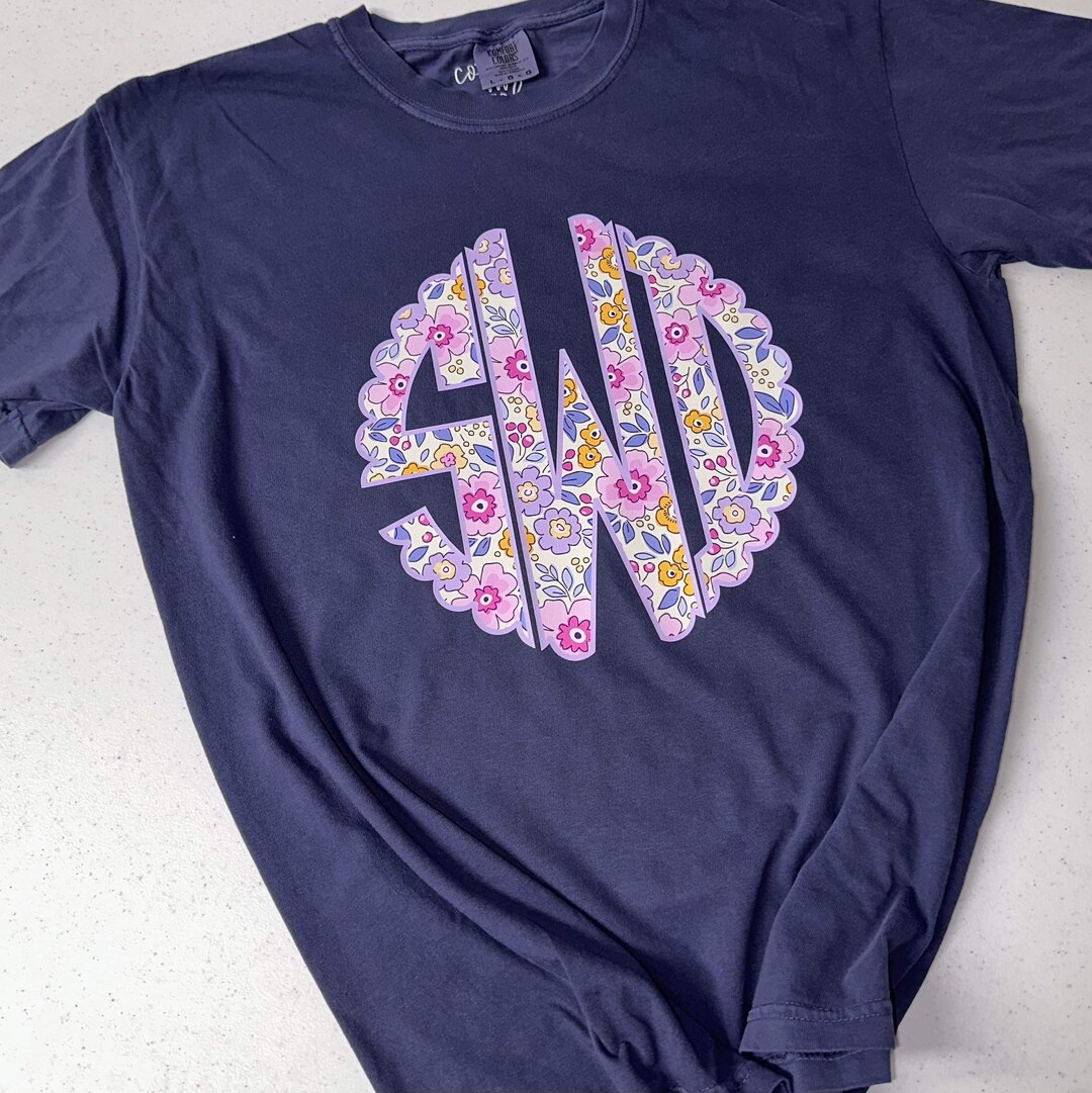 Purple Floral Scalloped Monogram Shirt- Monogram Tee- Scalloped Circle ...