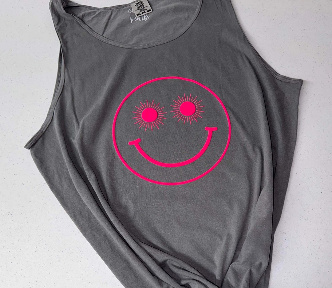 Neon Pink Puff Vinyl Happy Face Shirt - Comfort Colors- Unisex Fit ...