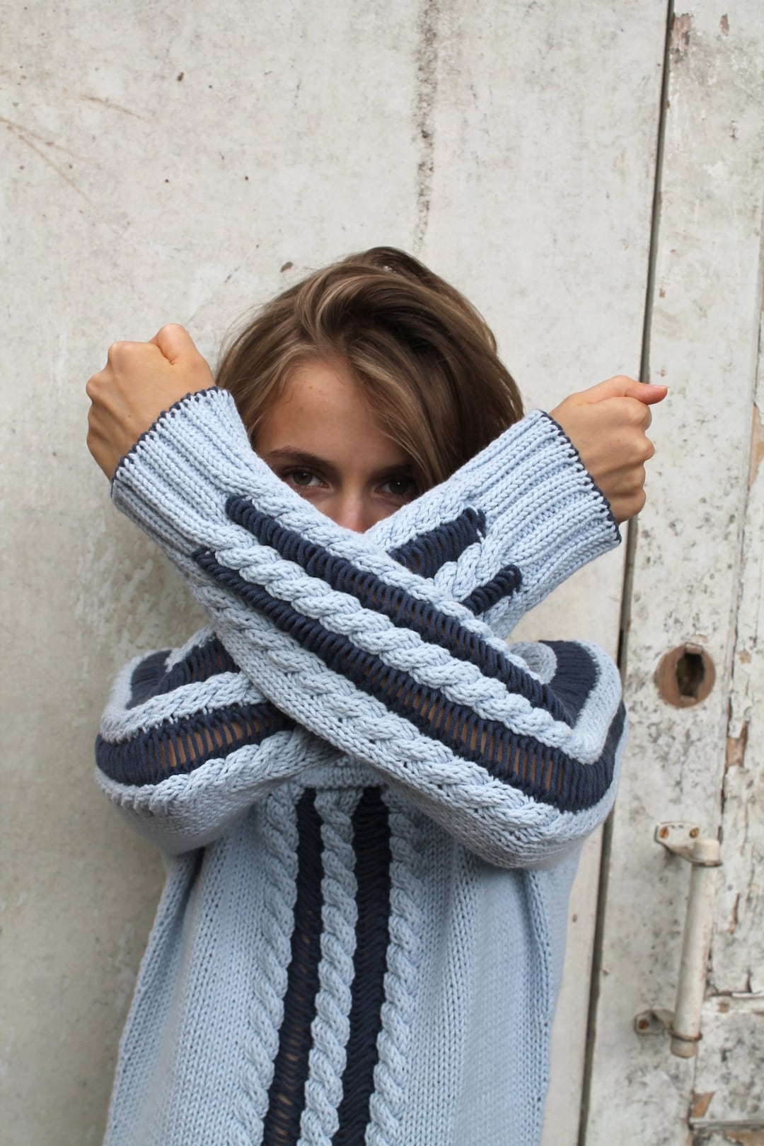 Light Blue Hand Knit Sweater for Women. Sky Blue Pullover. Modern Aesthetic Clothing. Openwork ...
