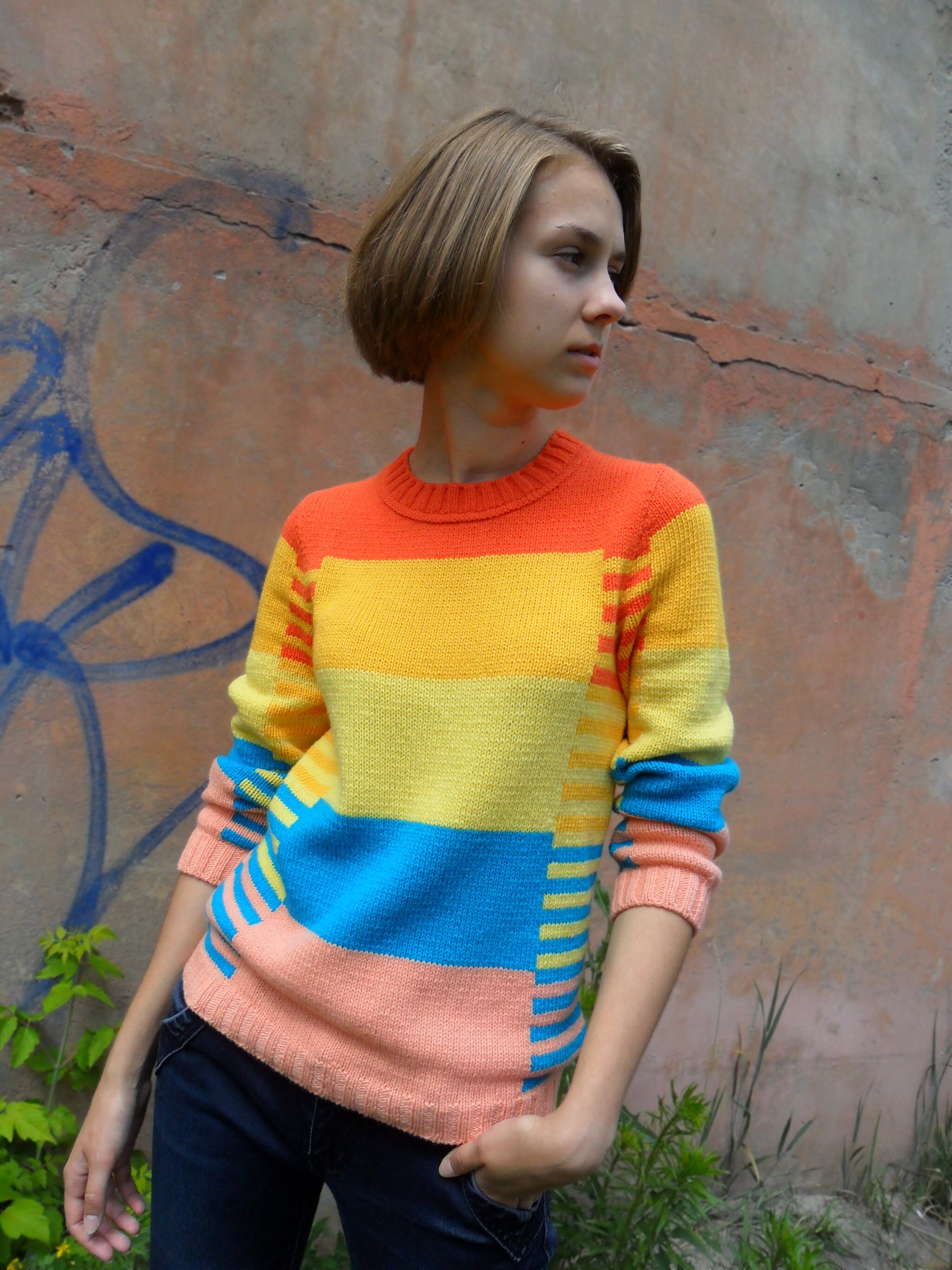 Rainbow Cropped Sweater. Hand Knit Striped Colorblock Sweater for Women ...