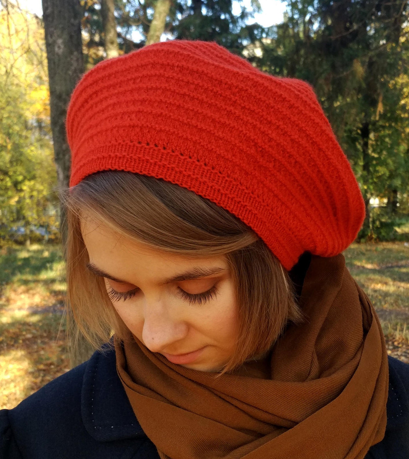 Red French Beret, Women's Hand Knit Cap, Tam O'shanter, Lightweight ...
