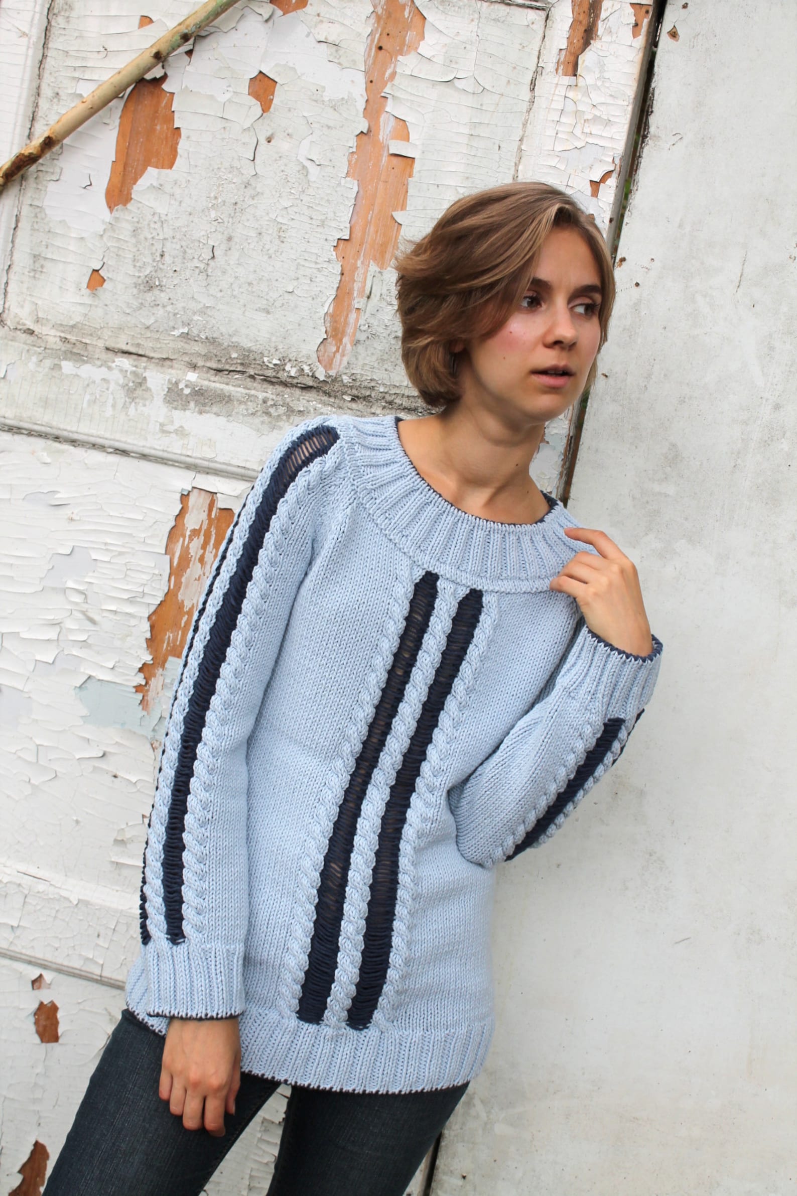 Light Blue Hand Knit Sweater for Women. Sky Blue Pullover. Modern Aesthetic Clothing. Openwork ...
