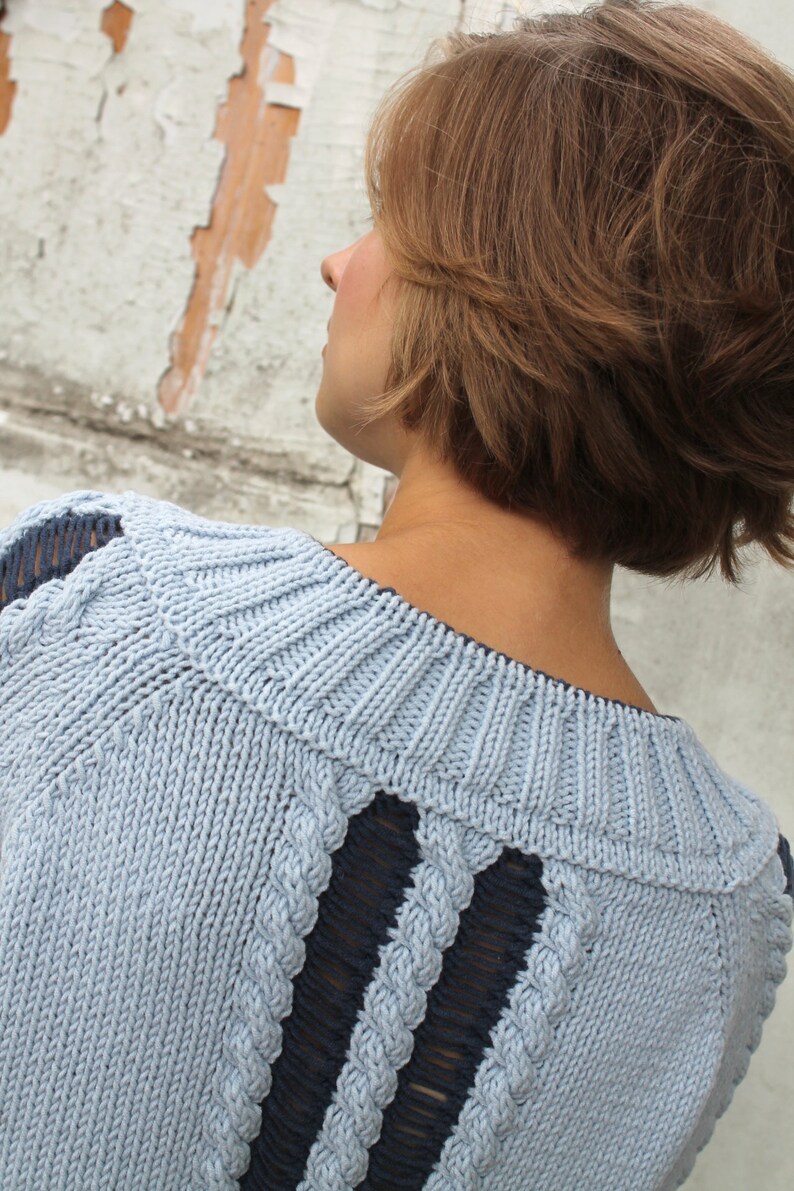 Light Blue Hand Knit Sweater for Women. Sky Blue Pullover. Modern Aesthetic Clothing. Openwork ...