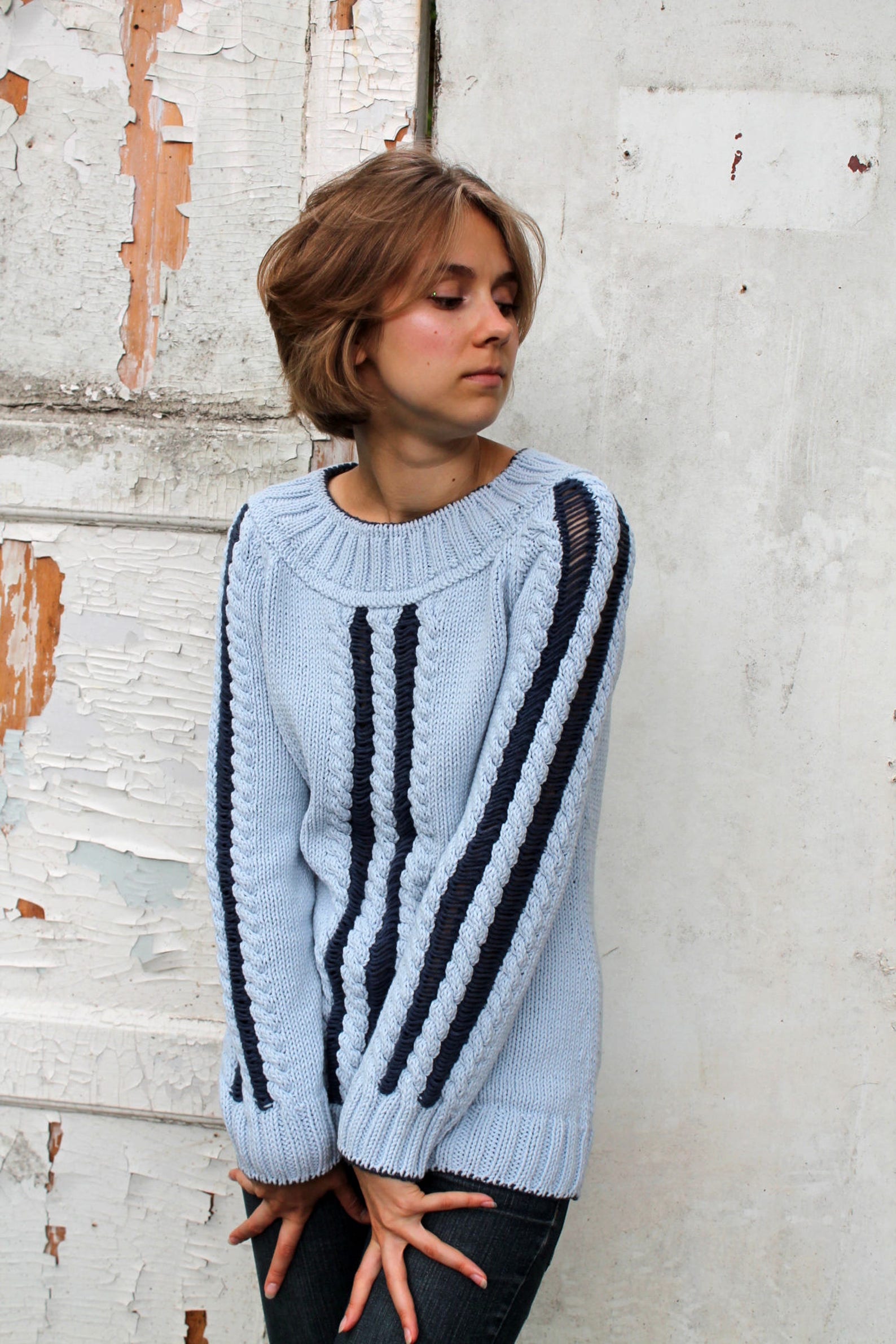 Light Blue Hand Knit Sweater for Women. Sky Blue Pullover. Modern Aesthetic Clothing. Openwork ...