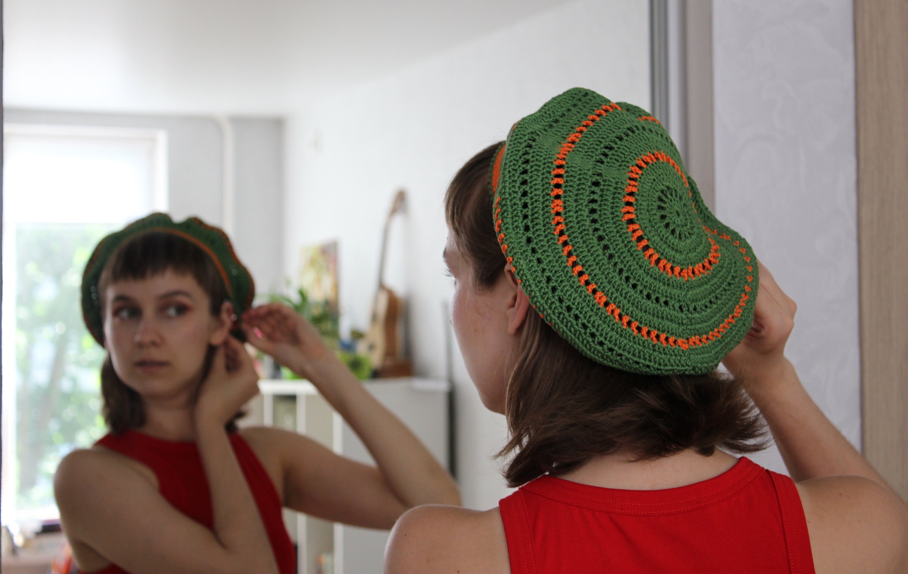 Emerald Green Crocheted Beret, Summer Cotton Crochet Hat, Hippie Style ...