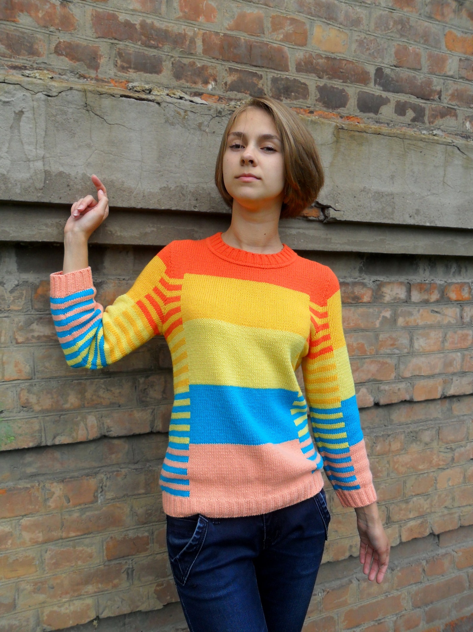 Rainbow Cropped Sweater. Hand Knit Striped Colorblock Sweater for Women ...