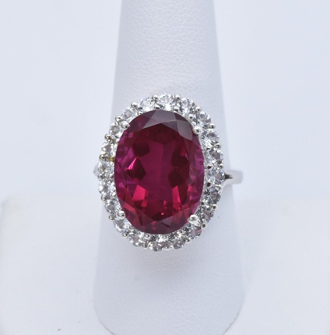 Large Sterling Silver Red Quartz (18mm X 13mm), White Topaz Halo Ring ...
