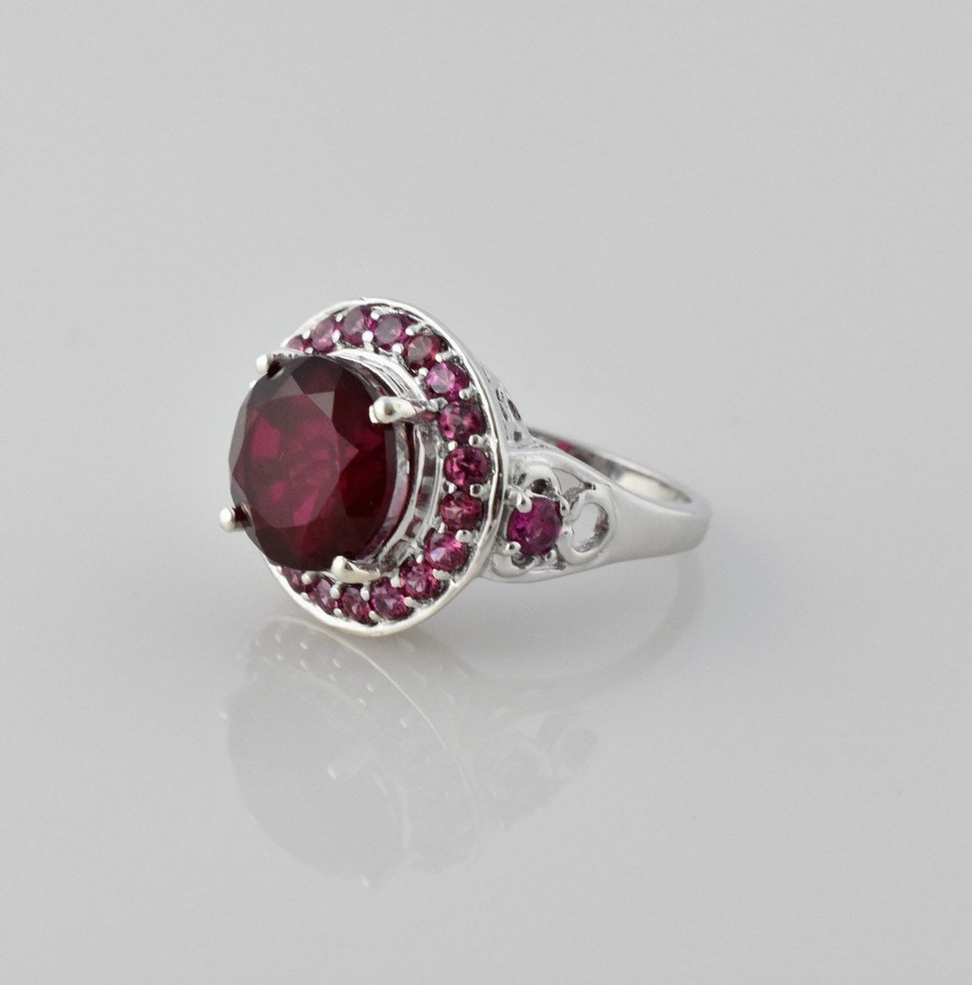 Red Quartz 11mm round Rhodolite Garnet Ring Platinum Over - Etsy España