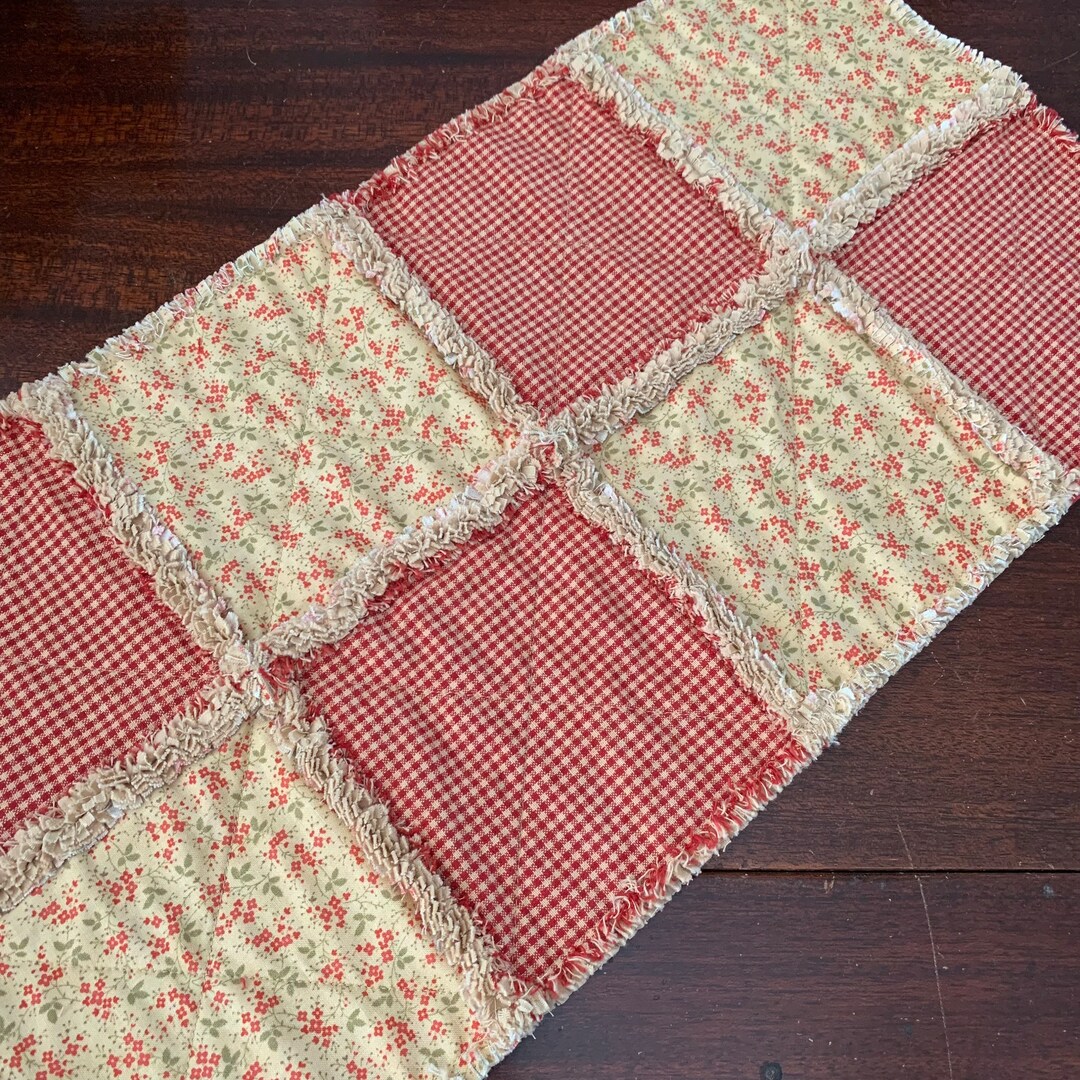 Rag Quilt Table Runner Homespun Red Tan Checks Gold Calico Red Flowers ...