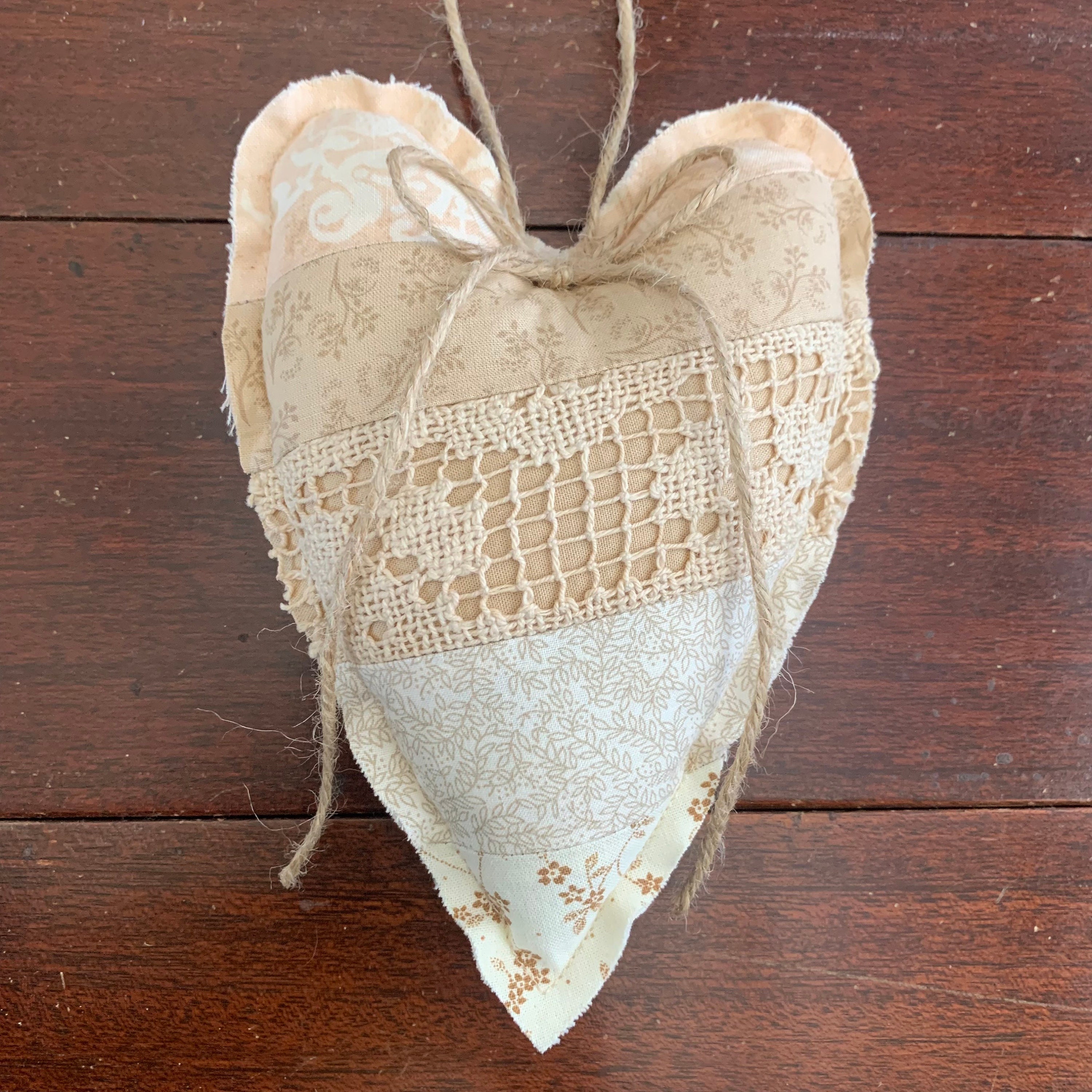 Scrappy Neutral Hanging Heart Peg Rail Door Knob Hanger Cotton Fabric ...
