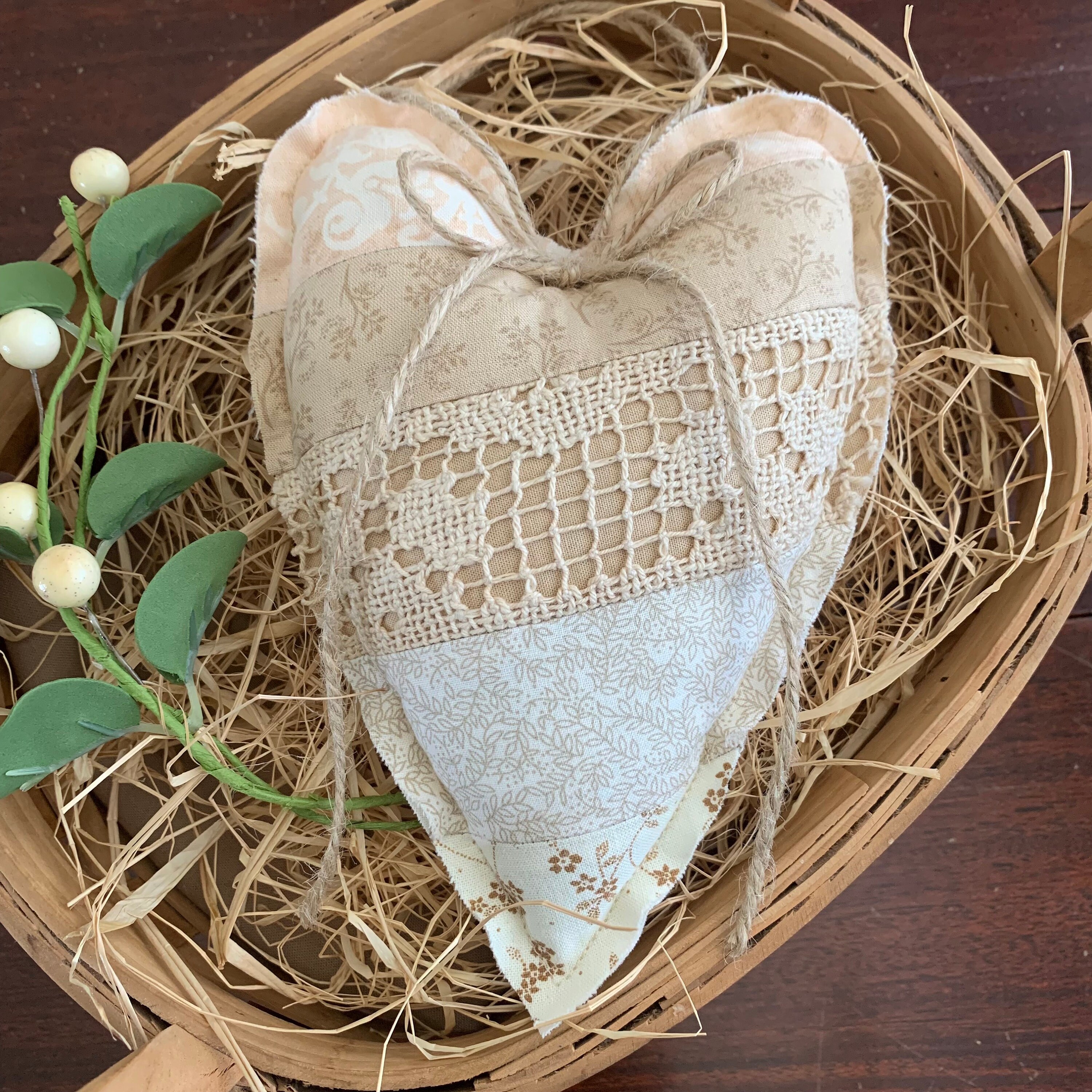 Scrappy Neutral Hanging Heart Peg Rail Door Knob Hanger Cotton Fabric ...