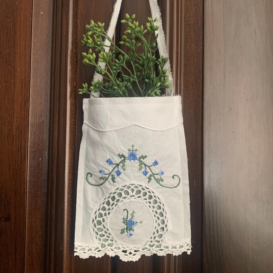Vintage Linen Hanging Bag Peg Rail Hanger Repurposed off White ...