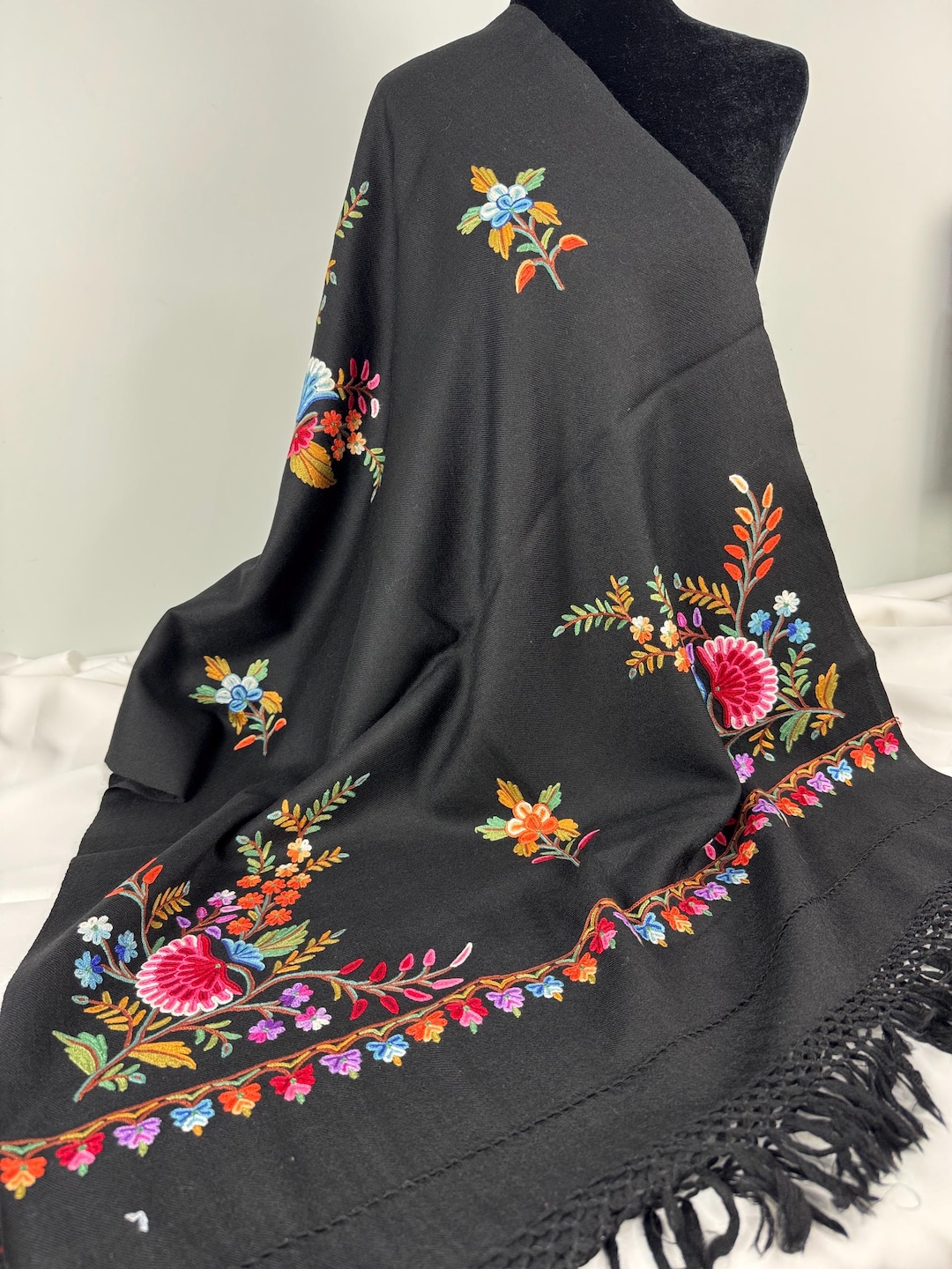 Elizabeth Hand Embroidered Floral Medley Wool Scarf / Wrap - Etsy