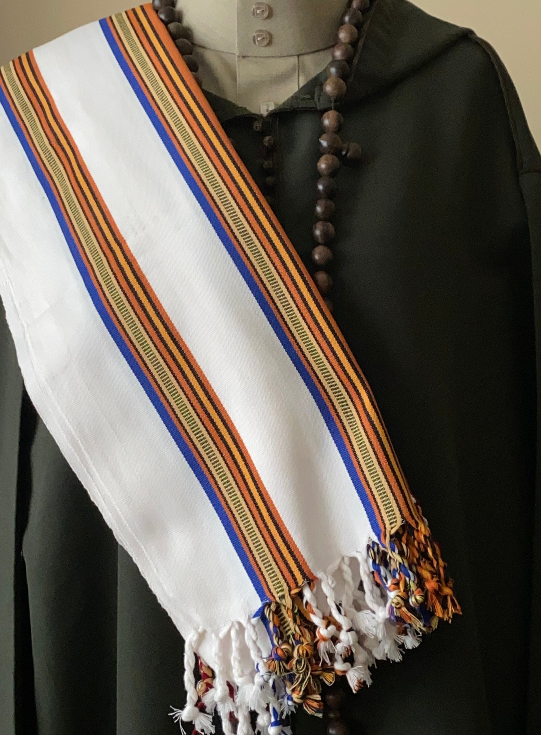 Habirah Yemeni Cotton Shawl - White Orange Blue