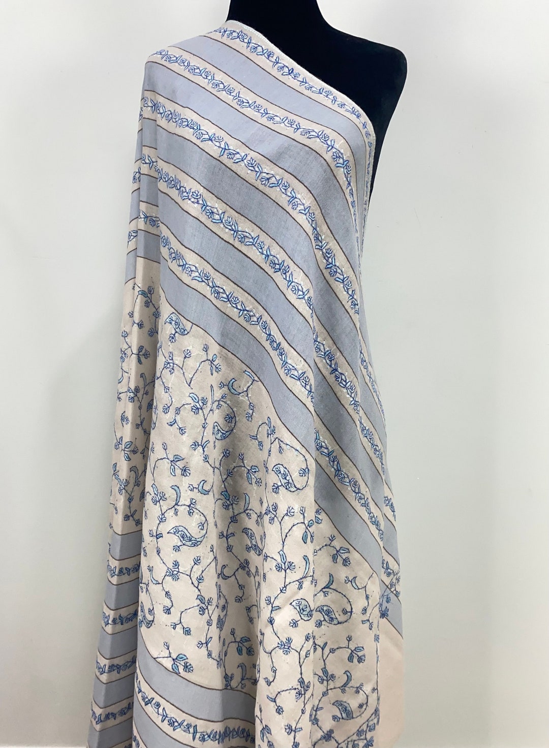 Hand Embroidered Wool Shawl: Kashmir Floral Vines, Light Ocean Blue - Etsy