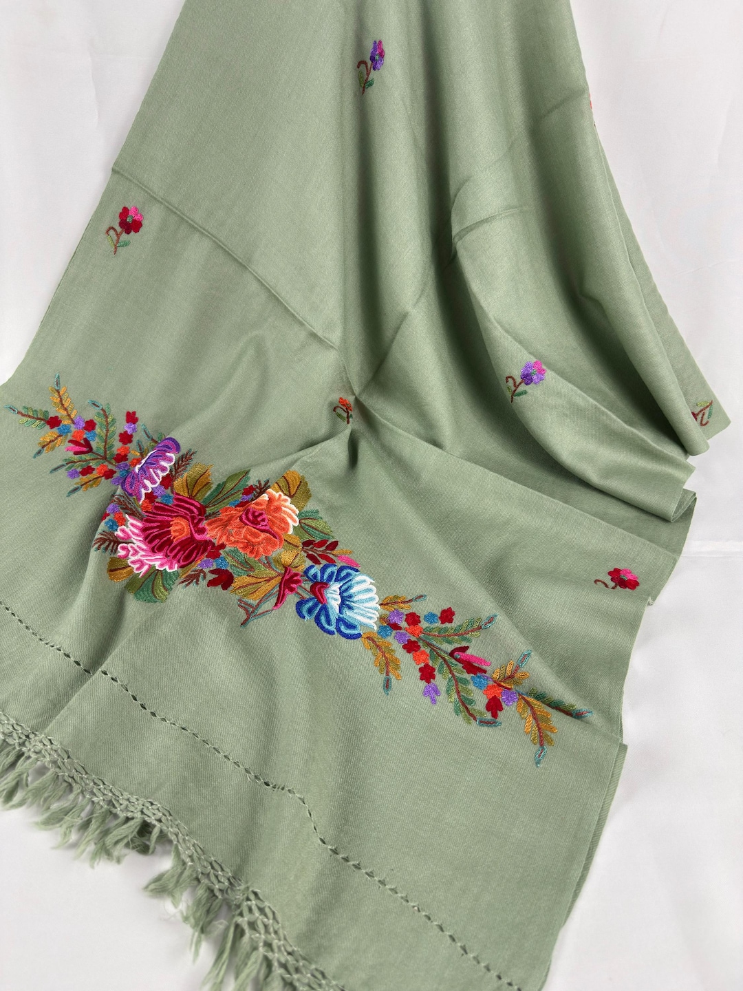 Elizabeth Hand Embroidered Floral Medley Wool Scarf / Wrap - Light Sage ...