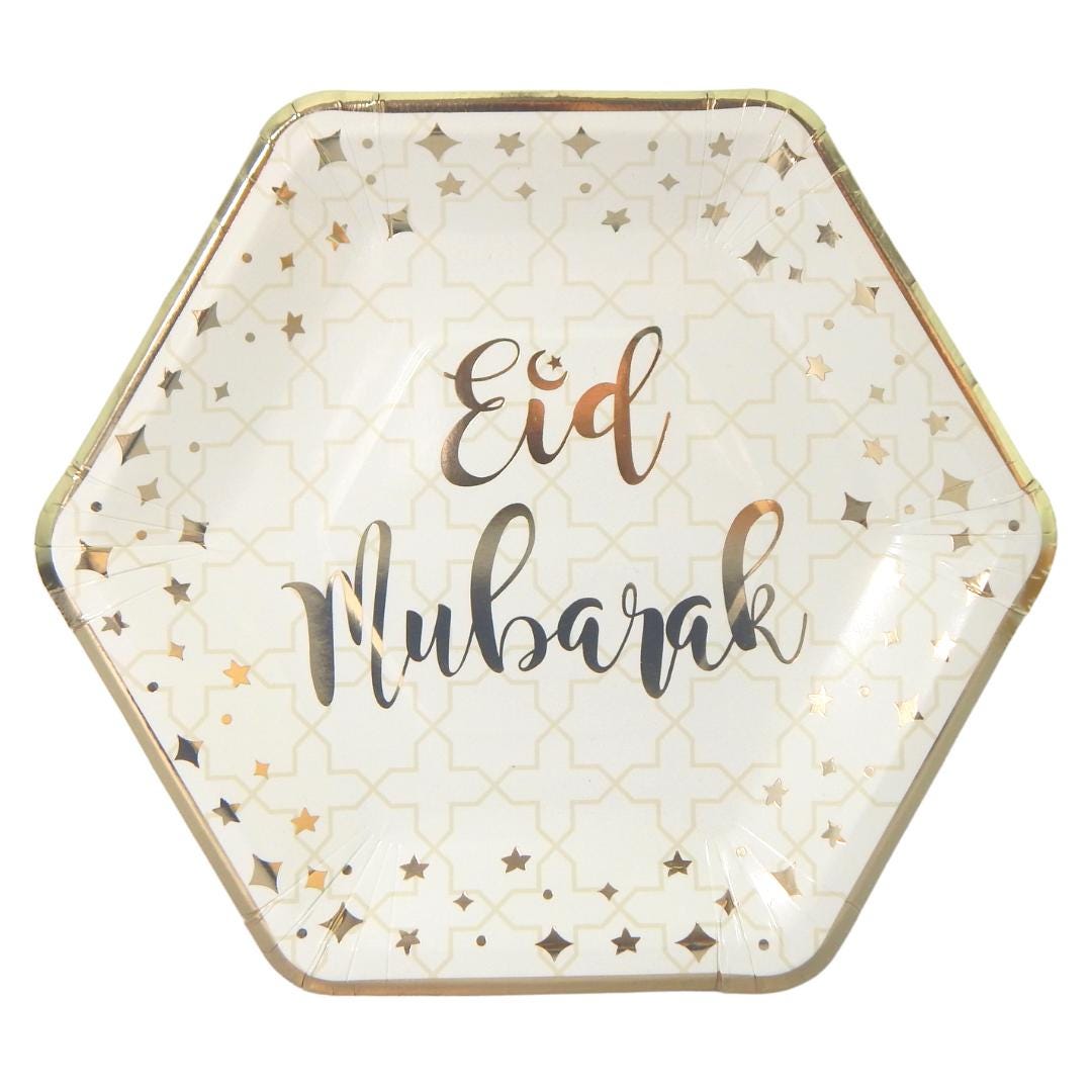 Eid Mubarak Party Plates 10pk - Cream & Gold Tableware Eid Party Decor ...