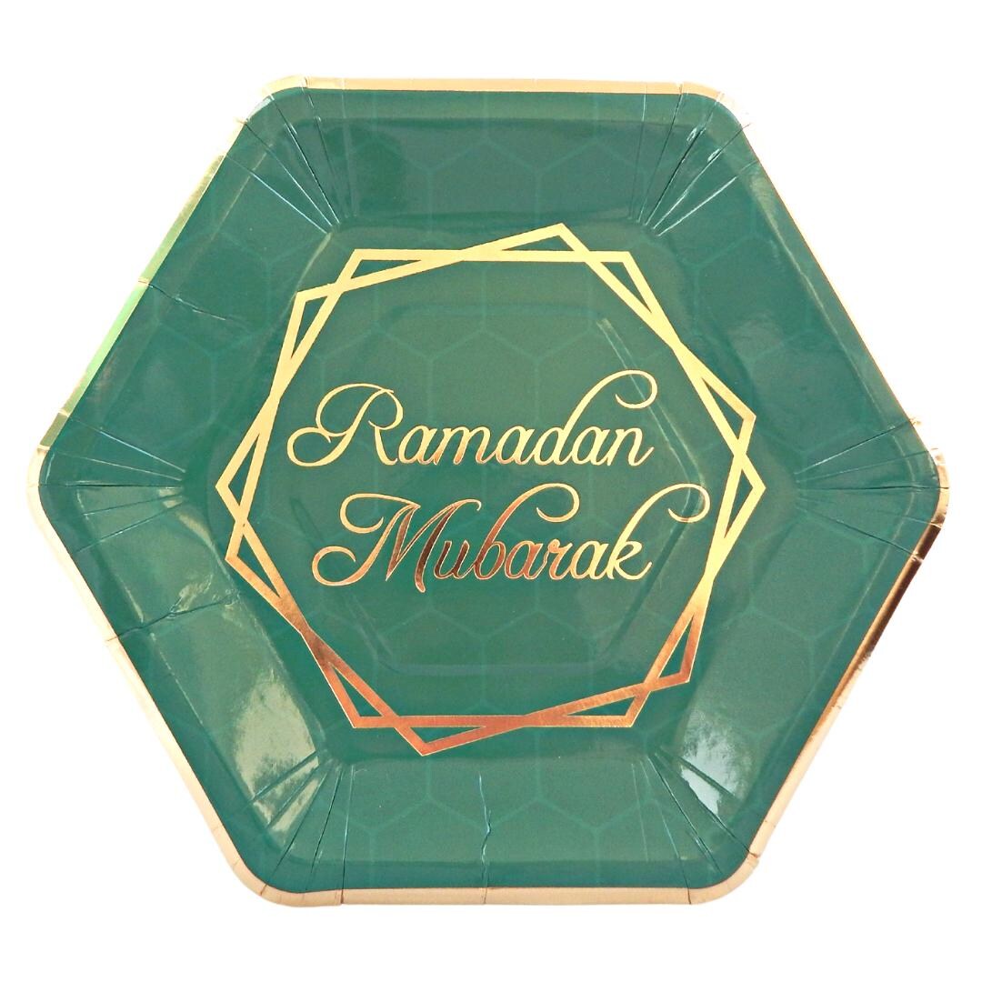 Ramadan Mubarak Party Plates 10pk - Green & Gold Tableware Ramadan ...