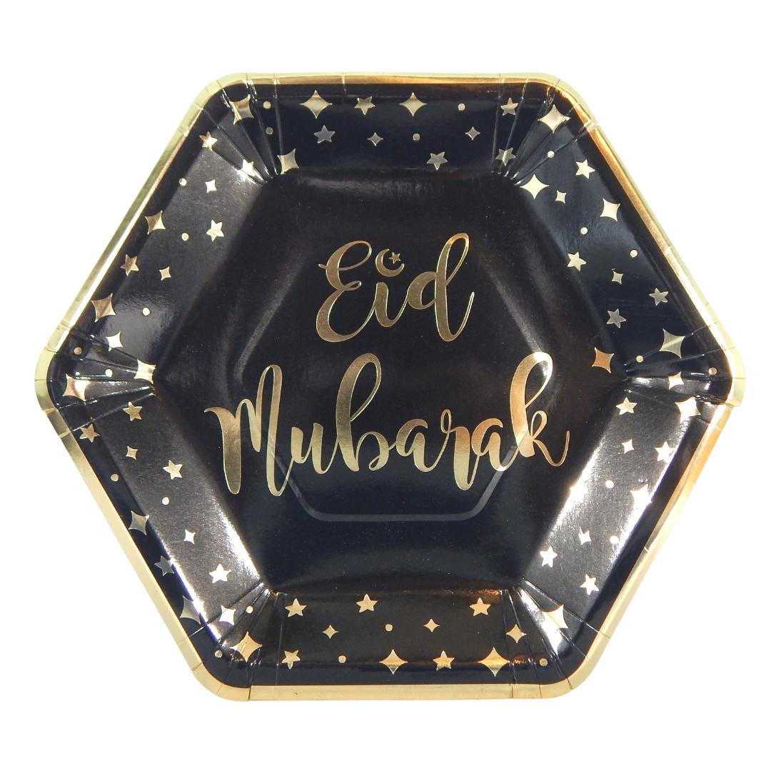 Eid Mubarak Party Plates 10pk - Black & Gold Tableware Eid Party Decor ...