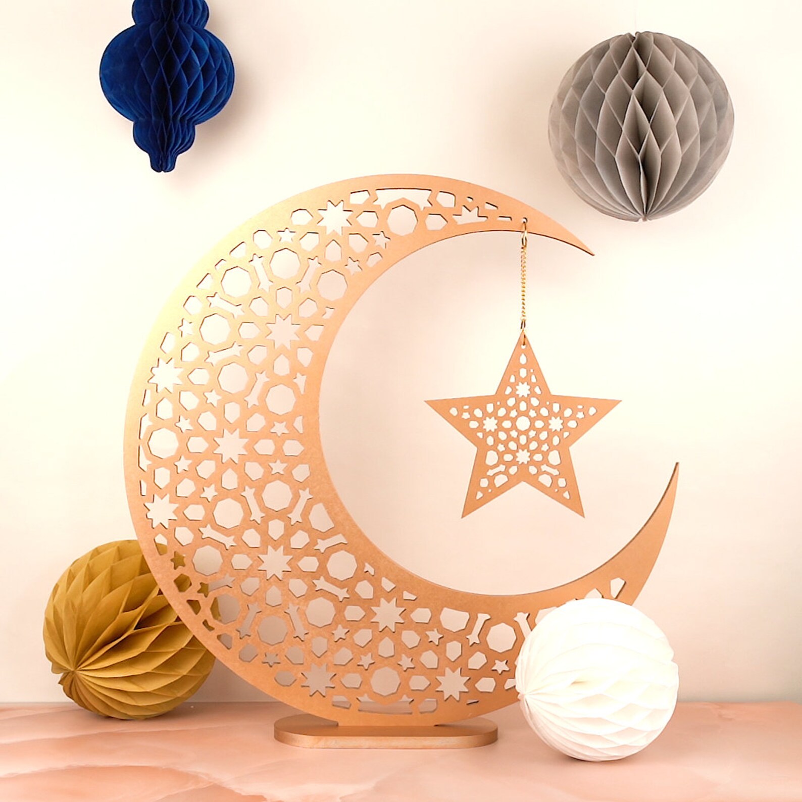 Large Moon & Star Gold - Geometric Moon Eid Decoration Islamic Decor ...