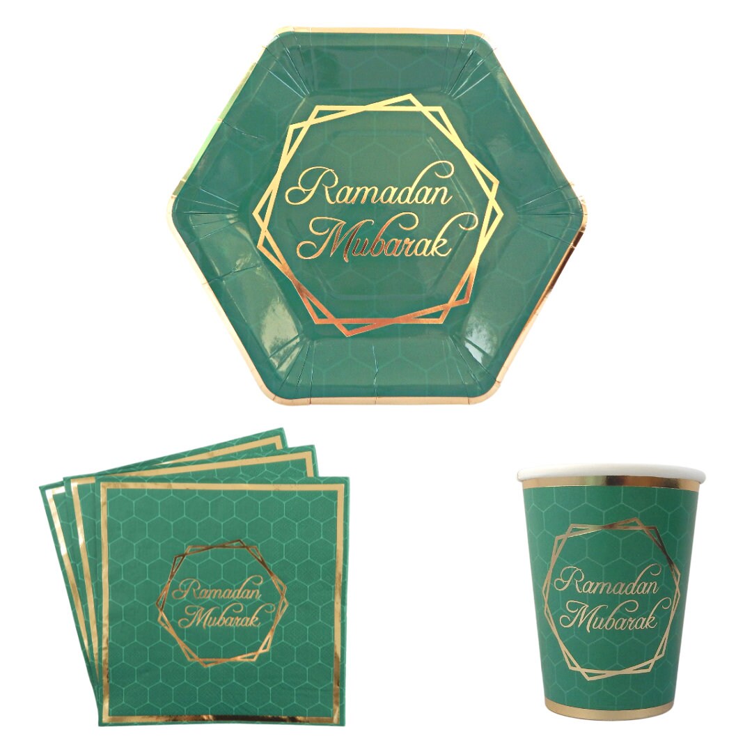 Ramadan Party Pack Green & Gold - Tableware Set Ramadan Decorations ...