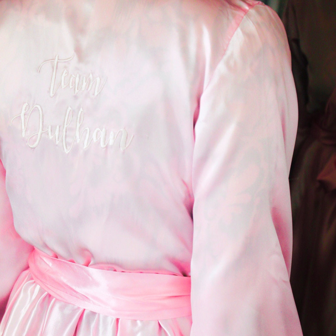 Team Dulhan Silk Robe - Full Length Pink & White Modest Bridesmaid Gift ...