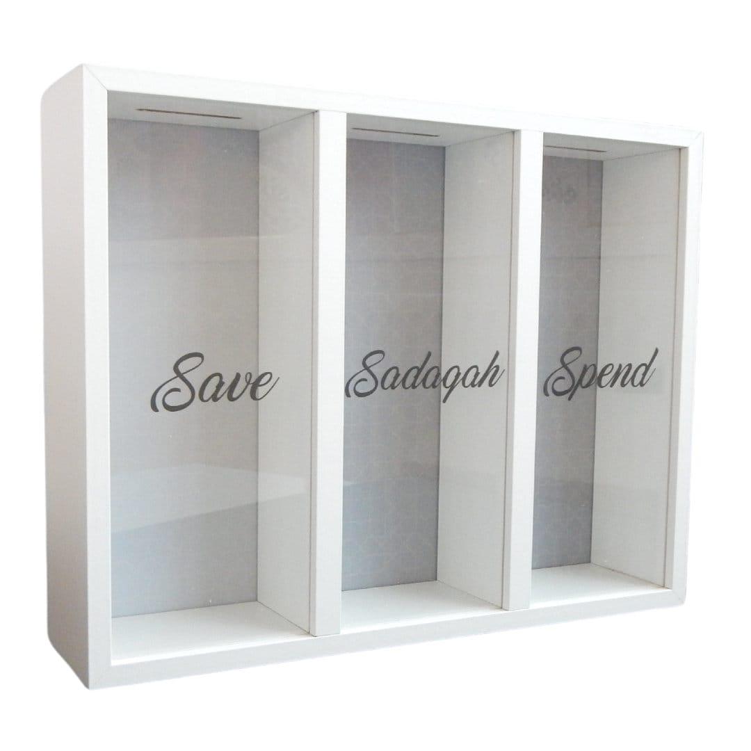 Save, Sadaqah and Spend Money Box - White Grey Islamic Decor for Muslim ...
