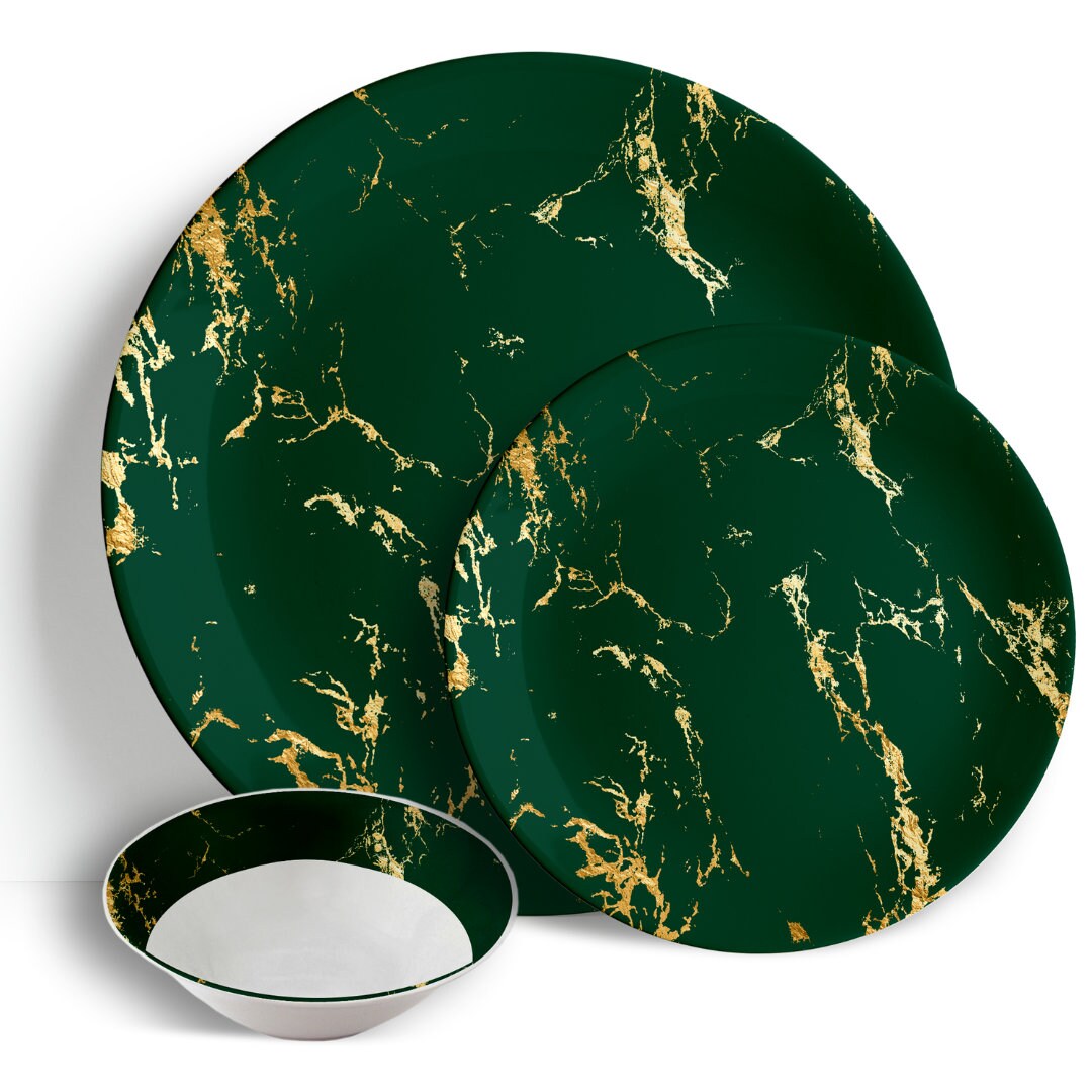 Green & Gold Marble 18pc Dinner Set - Ceramic Porcelain China Green ...