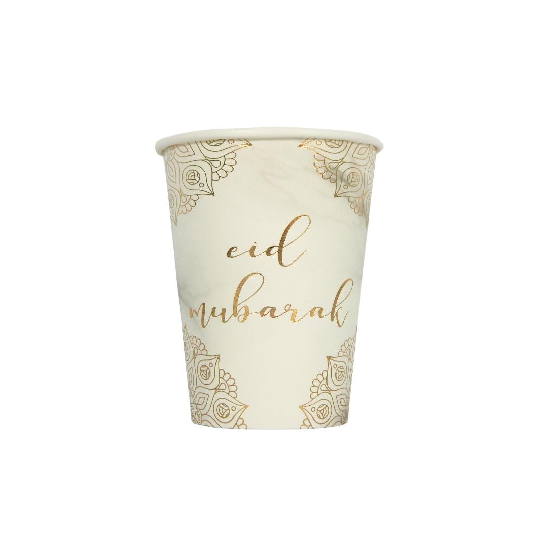 Eid Mubarak Cups 10pk - Marble & Gold Tableware Eid Party Decor Islamic ...