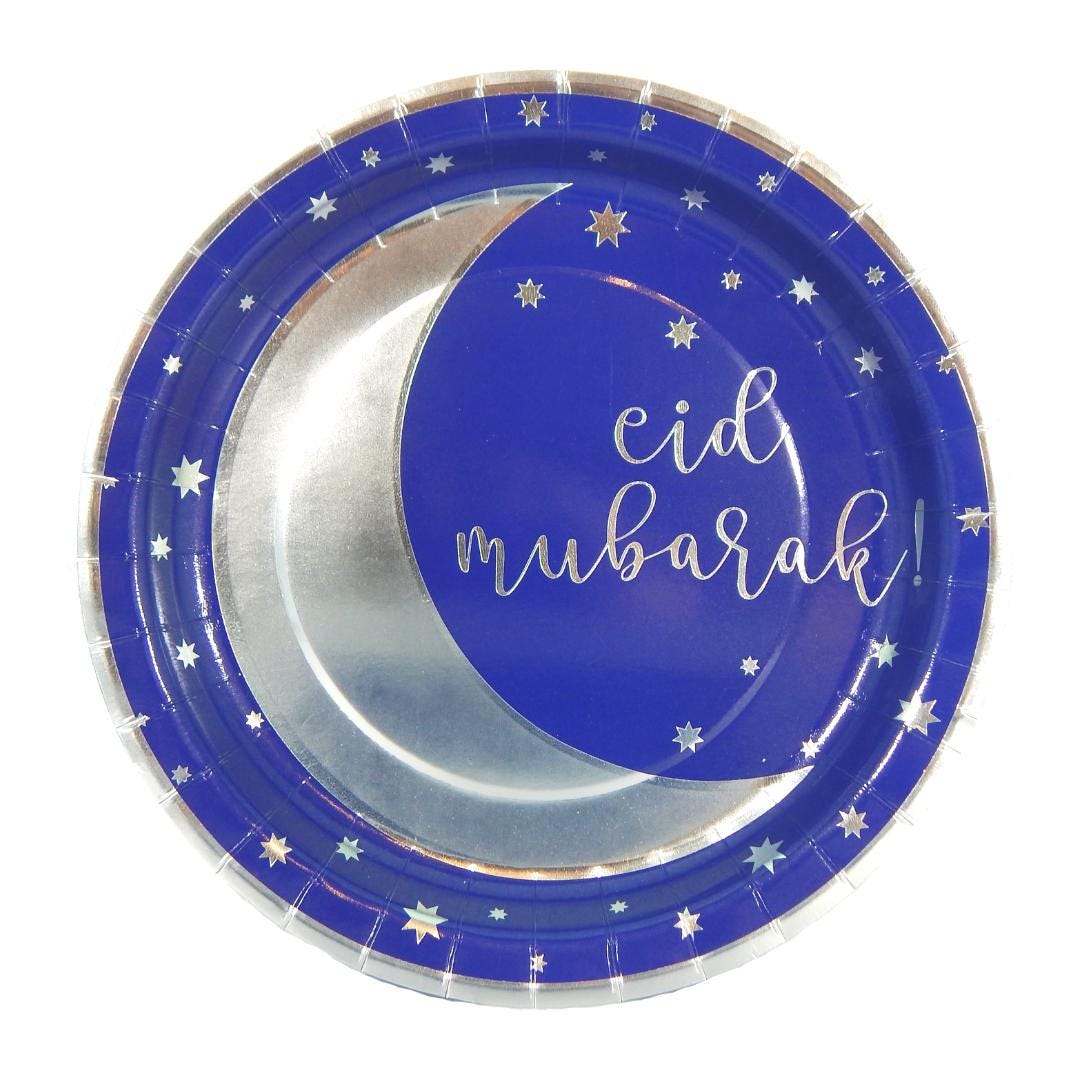 Eid Mubarak Party Plates 10pk - Blue & Silver Tableware Eid Party Decor ...