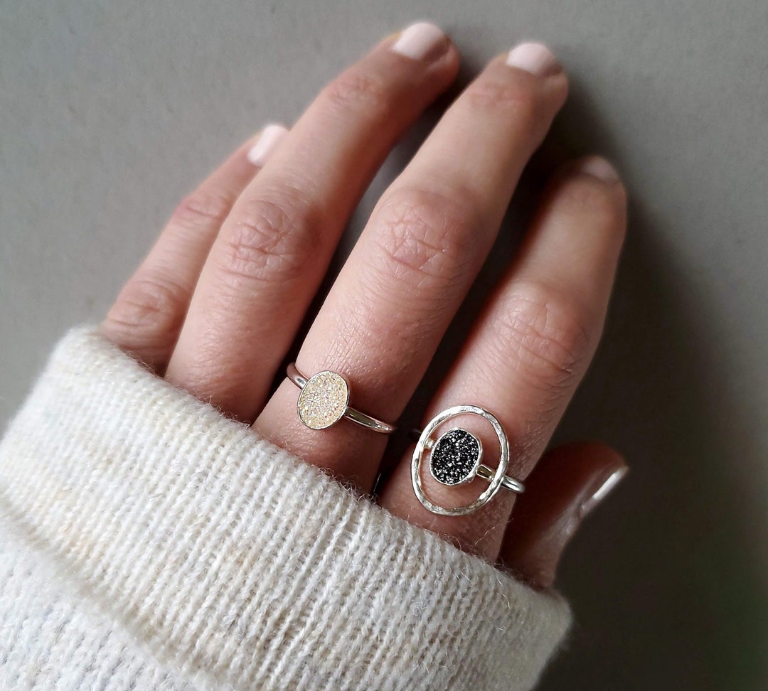 Druzy Stone Ring With or Without Halo, White or Black Druzy Stone, Handmade Ring - Etsy