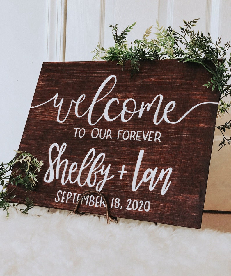 Wedding Welcome Sign Stained Wood Board Custom Handwritten | Etsy