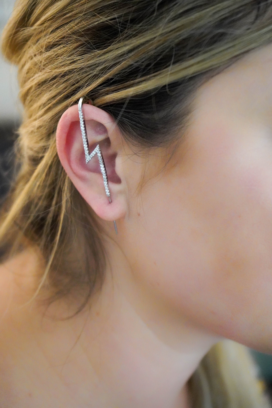 CZ Lightning Bolt Ear Cuff Ear Wrap Silver Ear Pin Gold Ear Pin Edgy ...