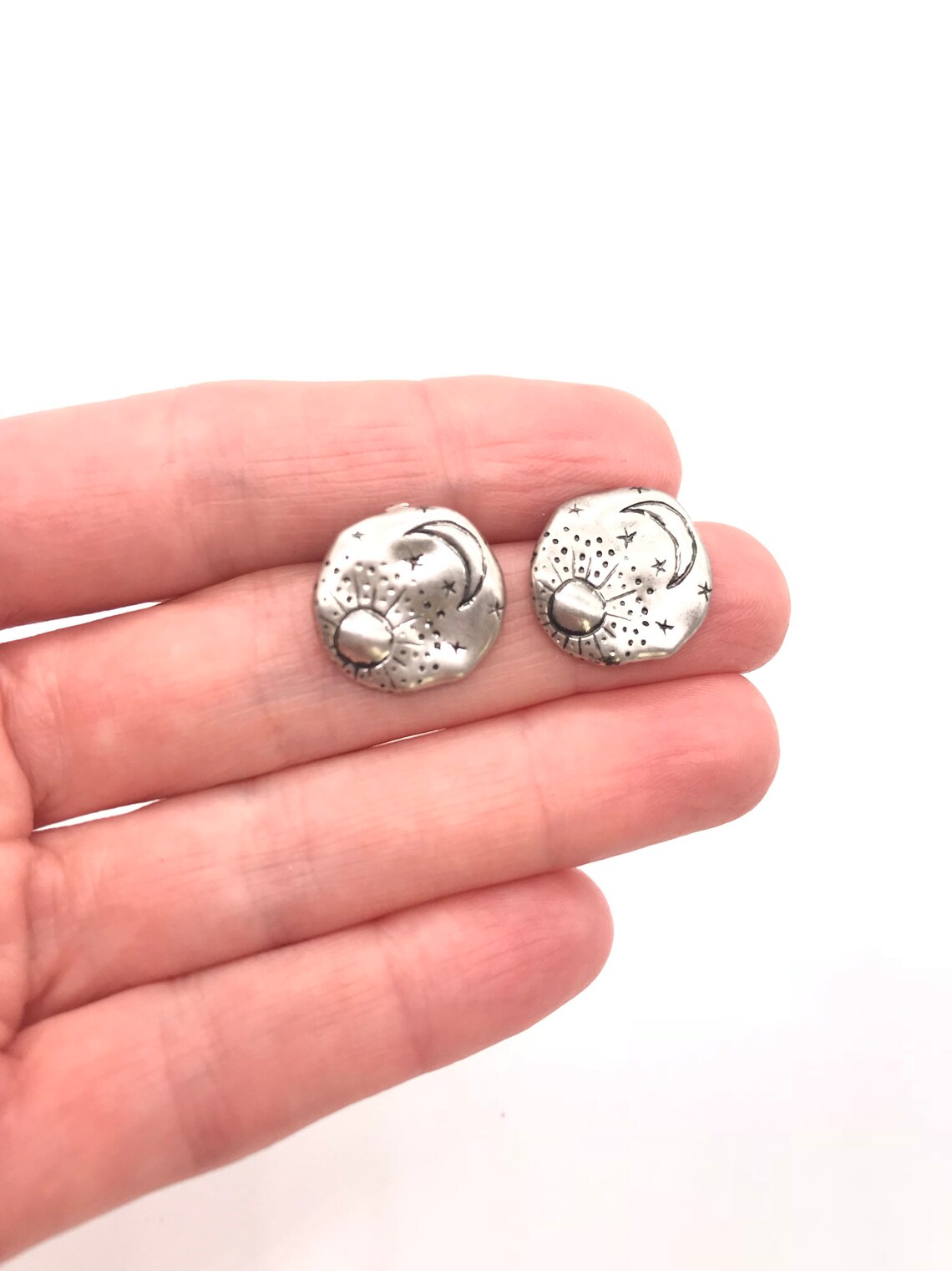 Sterling Silver Moon Sun Round Stud Earrings Celestial - Etsy