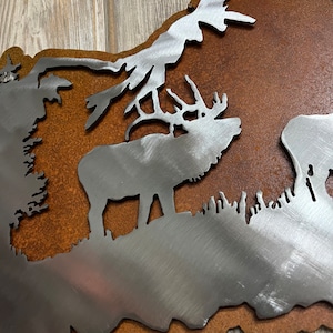 Rustic Elk Scene, Porch Decor, Outdoor Lover, Cabin Decor, Cabin Sign ...