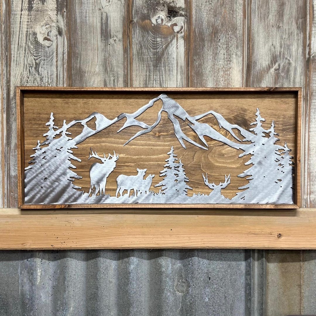 Elk & Mule Deer Mountain Scene: Polished Metal Cabin Decor - Etsy