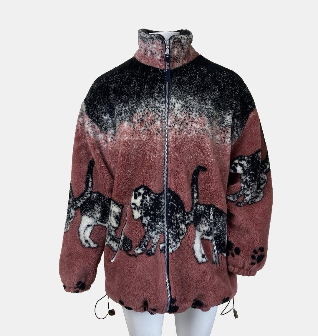 Vintage Fleece Jacket Adults M 90s Cat Print Zip up Pockets Royal ...