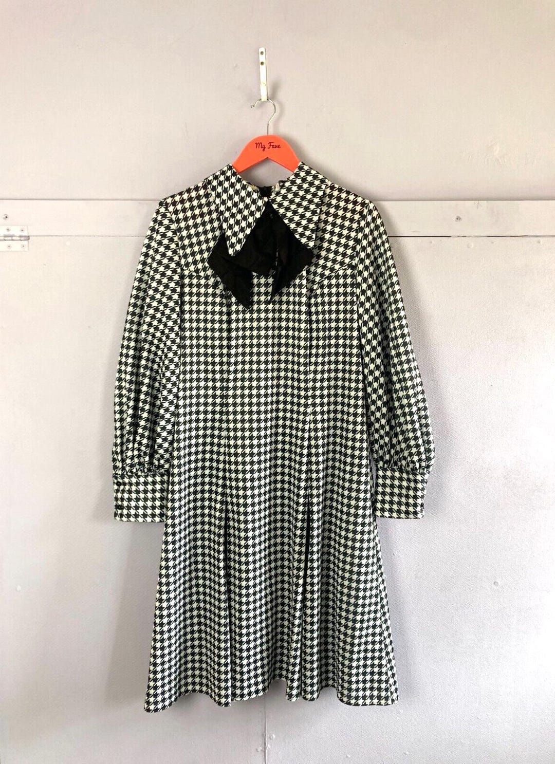 70s Vintage Dog Tooth Pattern Day Dress Black White UK16-18 Long Sleeve ...