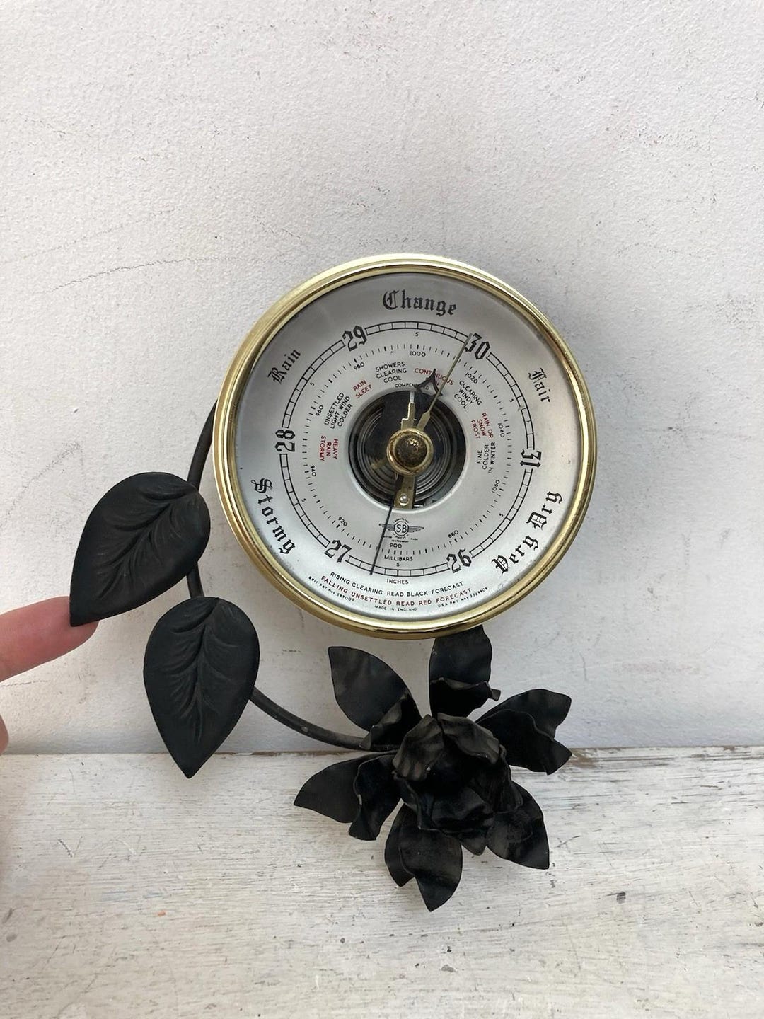 Vintage SB Barometer Round Circular Black Metal Floral Surround Made in ...