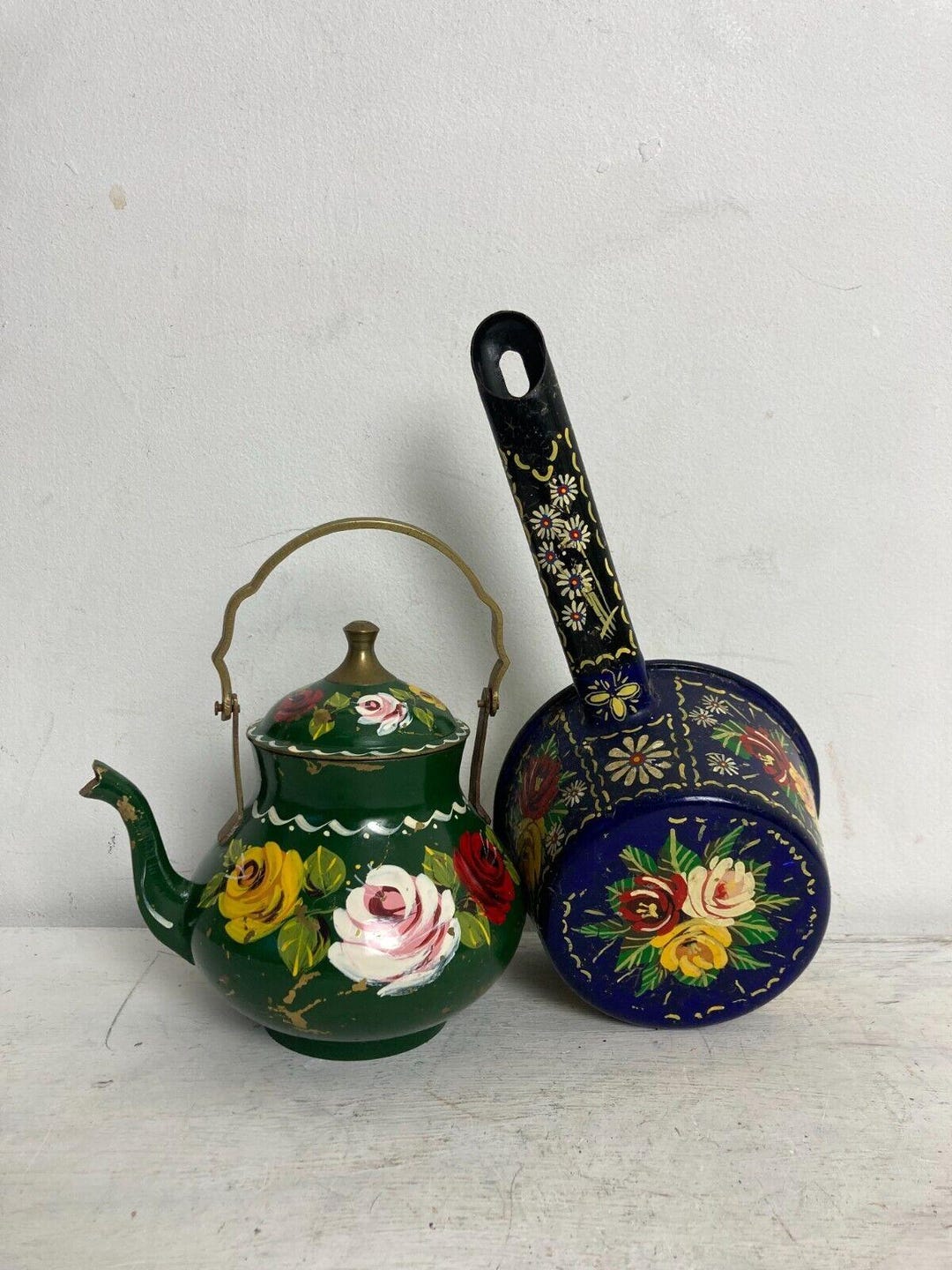 Vintage Bargeware Canalware Enamel Brass Kettle Teapot & Pan Floral ...