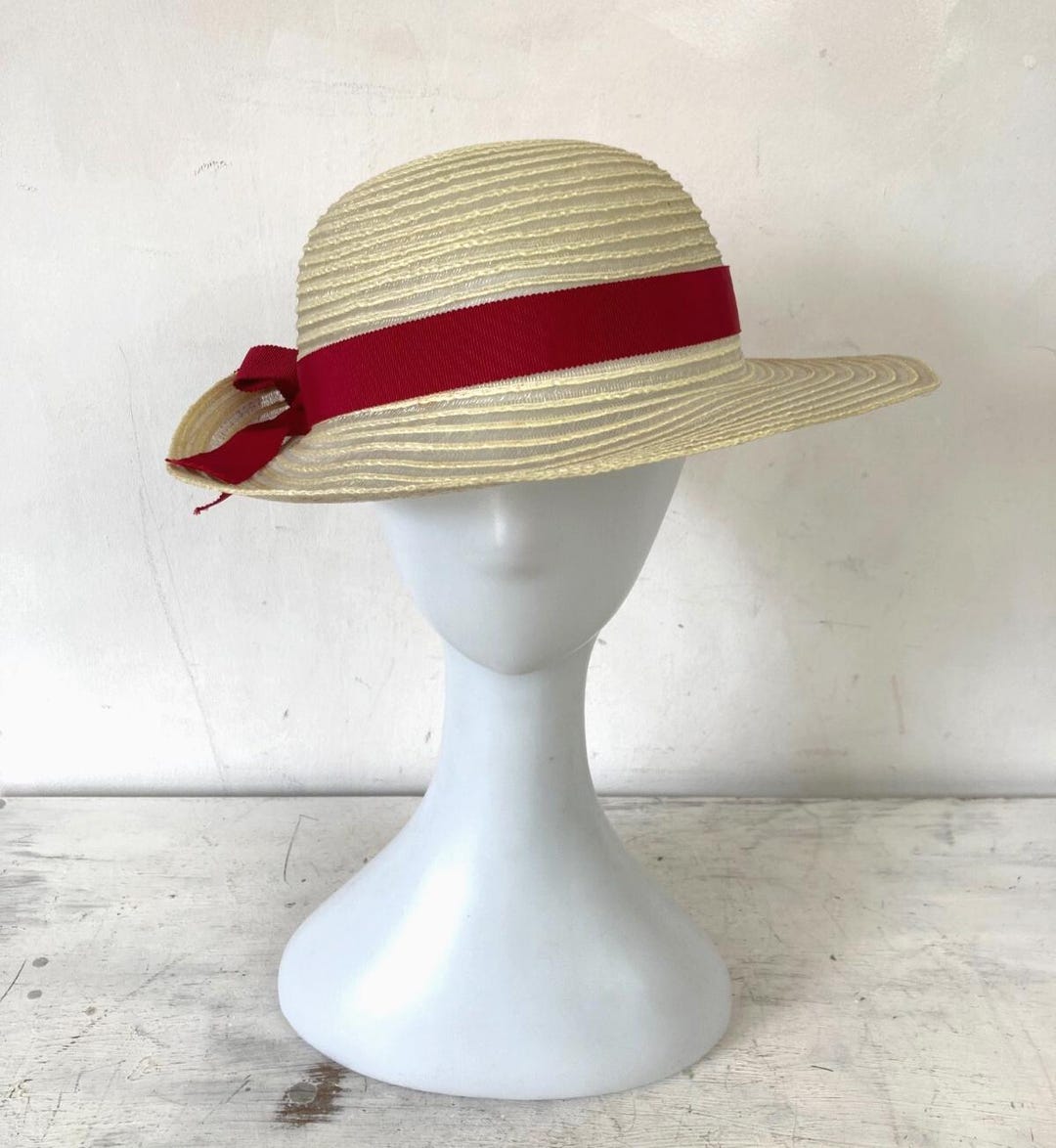 Vintage Sun Hat Ribbon Trim Red Floral Corsage 80s C&A Beach Holiday - Etsy