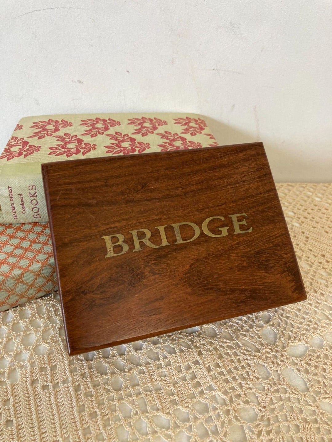 Vintage Solid Wood Bridge Box With Brass Inlay Playing Cards Card Game ...