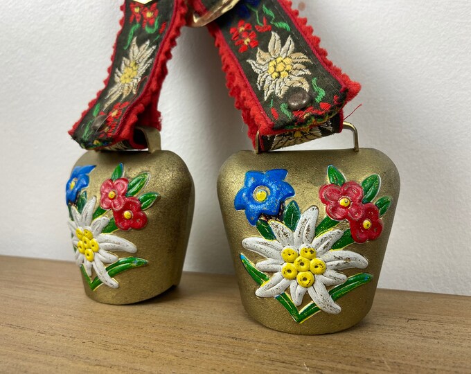 Vintage Brass Hand Painted Cow Bells, Folk Art, Barge Art, Set of 2 ...