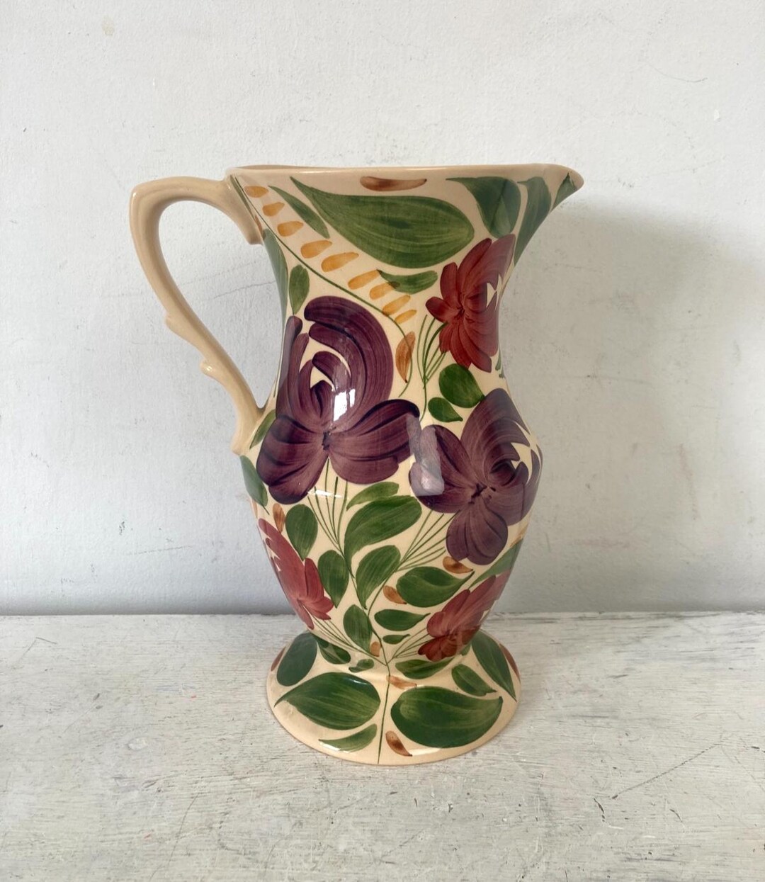 Vintage Wade Harvest Ware Large Jug Pitcher Hand Painted Florals Green ...