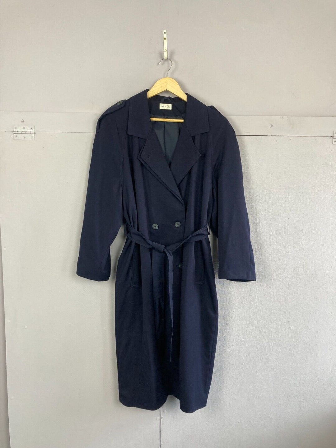 Vintage BHS Trench Coat Navy Blue UK16 90s Academia Classic Career ...