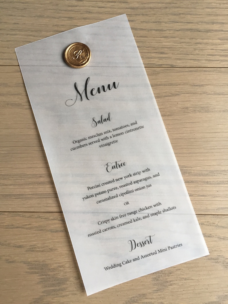 Vellum Wedding Menu | Wedding Dinner Menu | Vellum Menu With Wax Seal ...