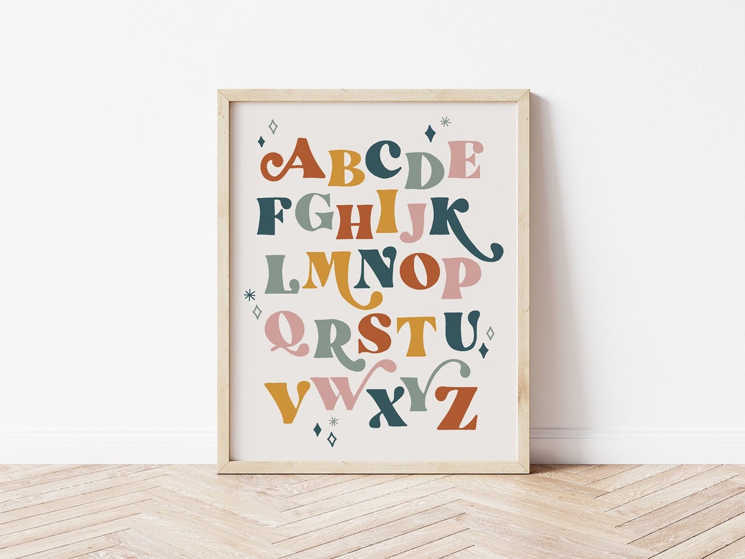 Retro Alphabet Printable Art, Boho Retro Kid Room Art, Modern Playroom ...