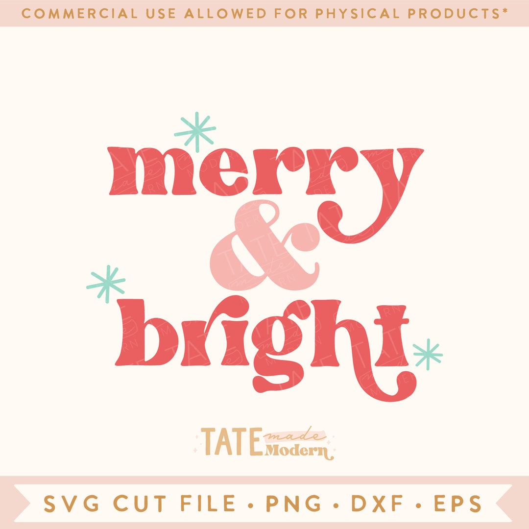 Merry & Bright Retro Holiday SVG Cut File, Pink and Red Christmas Svg ...
